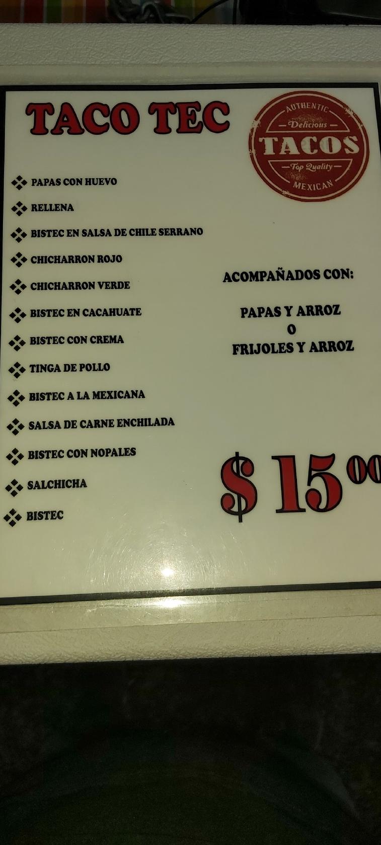Menu at Taco Tec restaurant, Puebla City, Blvd valsequillo y calle pino