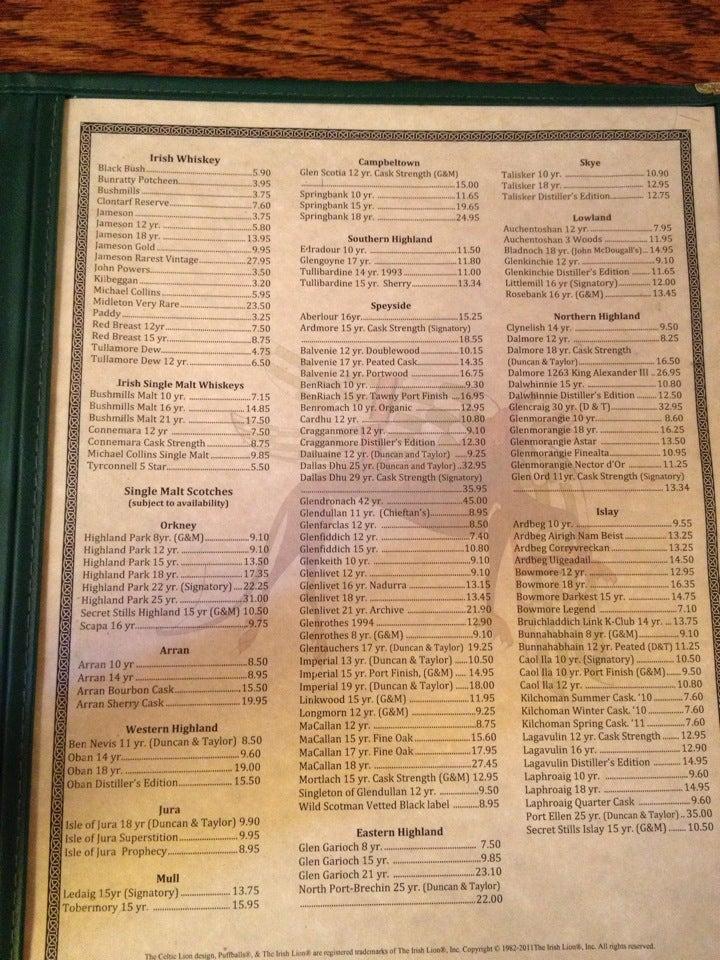 Menu at The Irish Lion Restaurant & Pub, Bloomington
