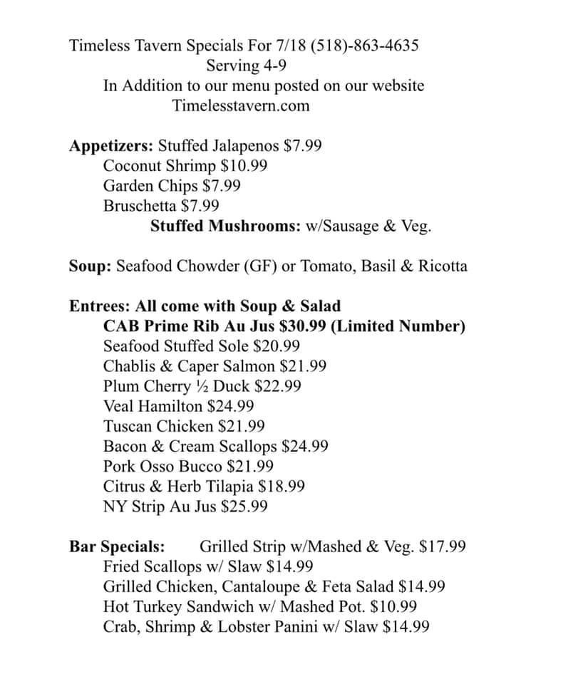 Menu at Timeless Tavern restaurant, Northville
