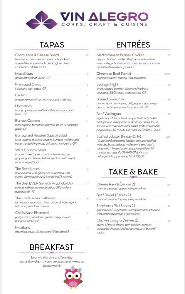 Menu at Vin Alegro restaurant, Discovery Bay