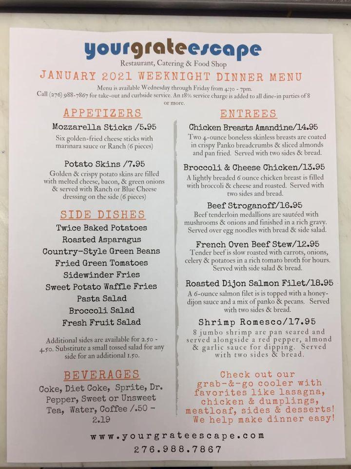Menu at Your Grate Escape cafe, Tazewell