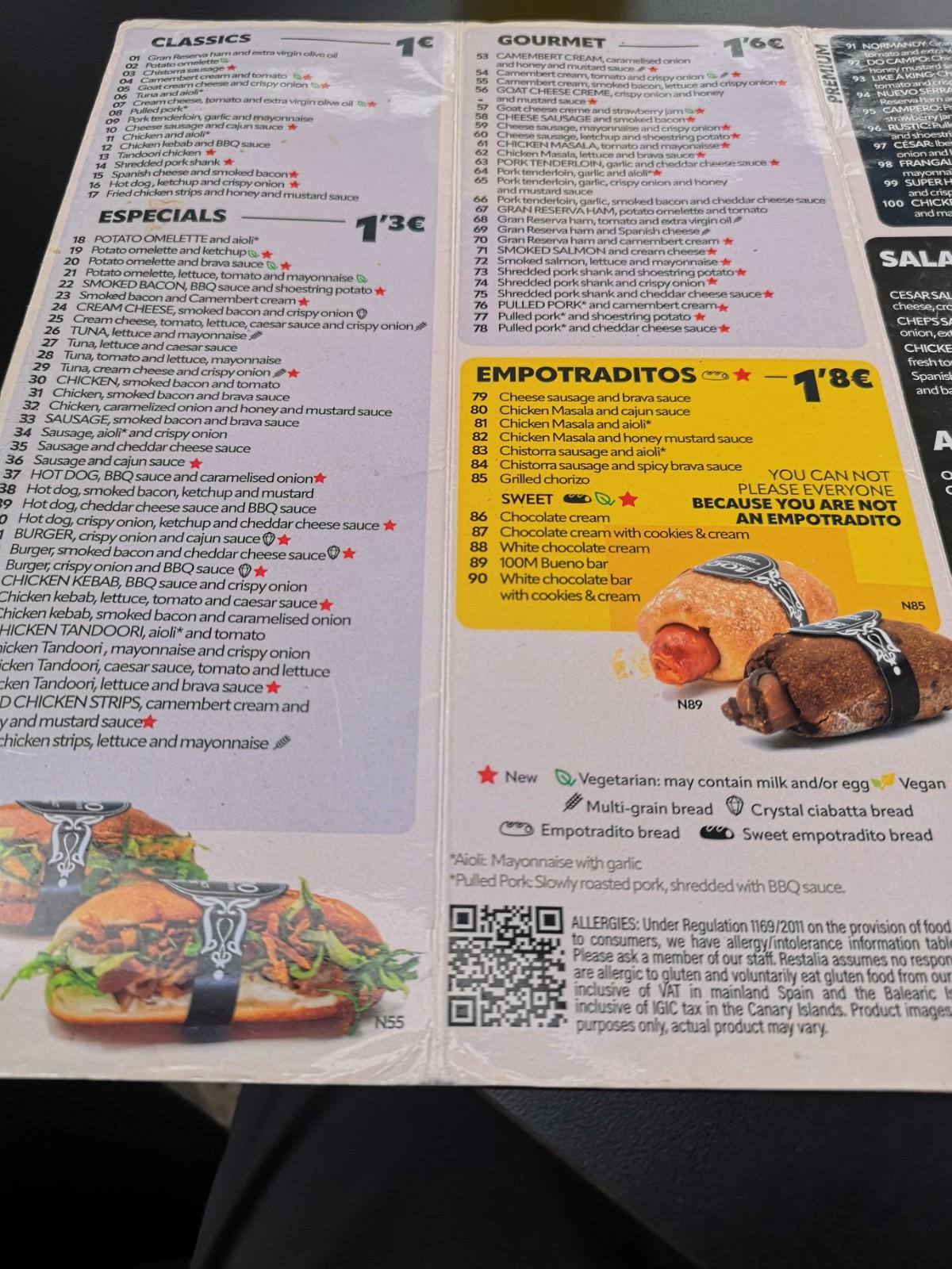 Menu at 100 Montaditos restaurant, Funchal