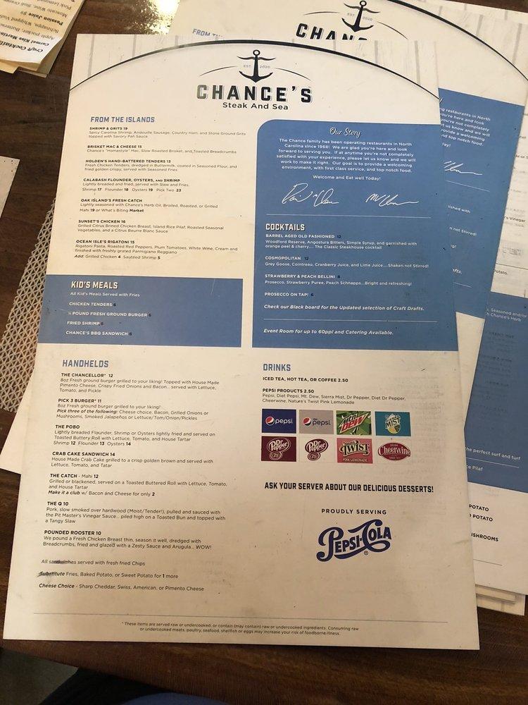 Menu at Chance's Steak and Sea steakhouse, Shallotte
