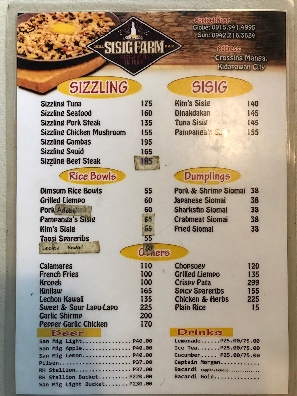 Menu at Sisig Farm restaurant, Kidapawan City