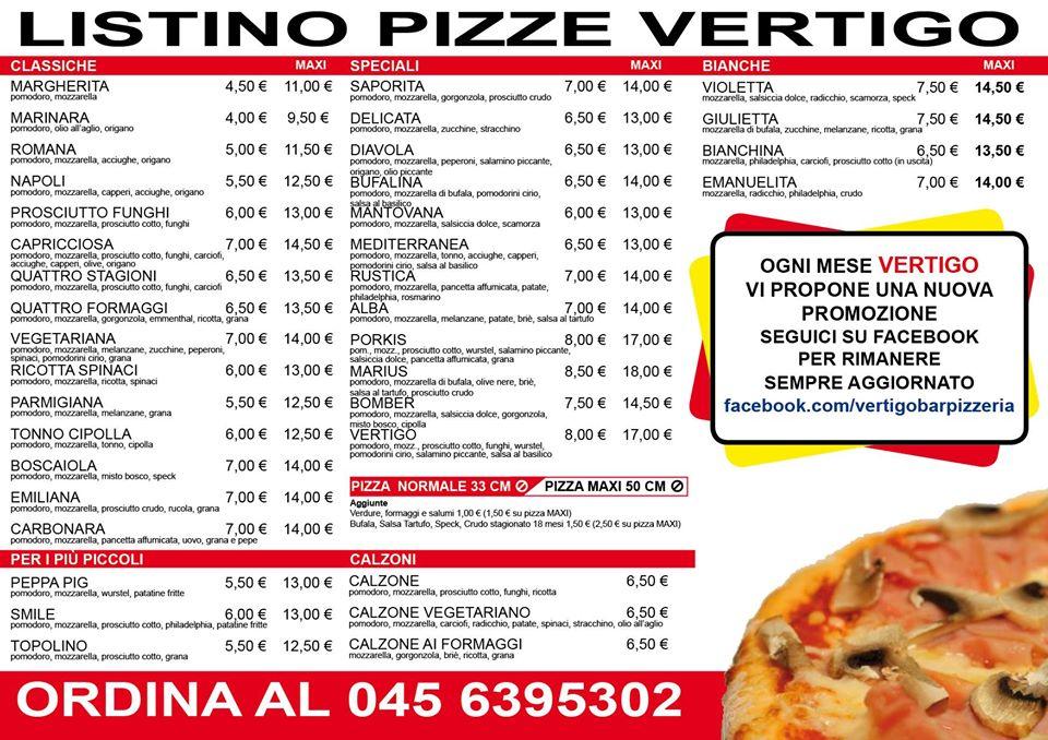Menu at Vertigo Bar Pizzeria, Nogarole Rocca, Via Monsignor Augusto De Mori