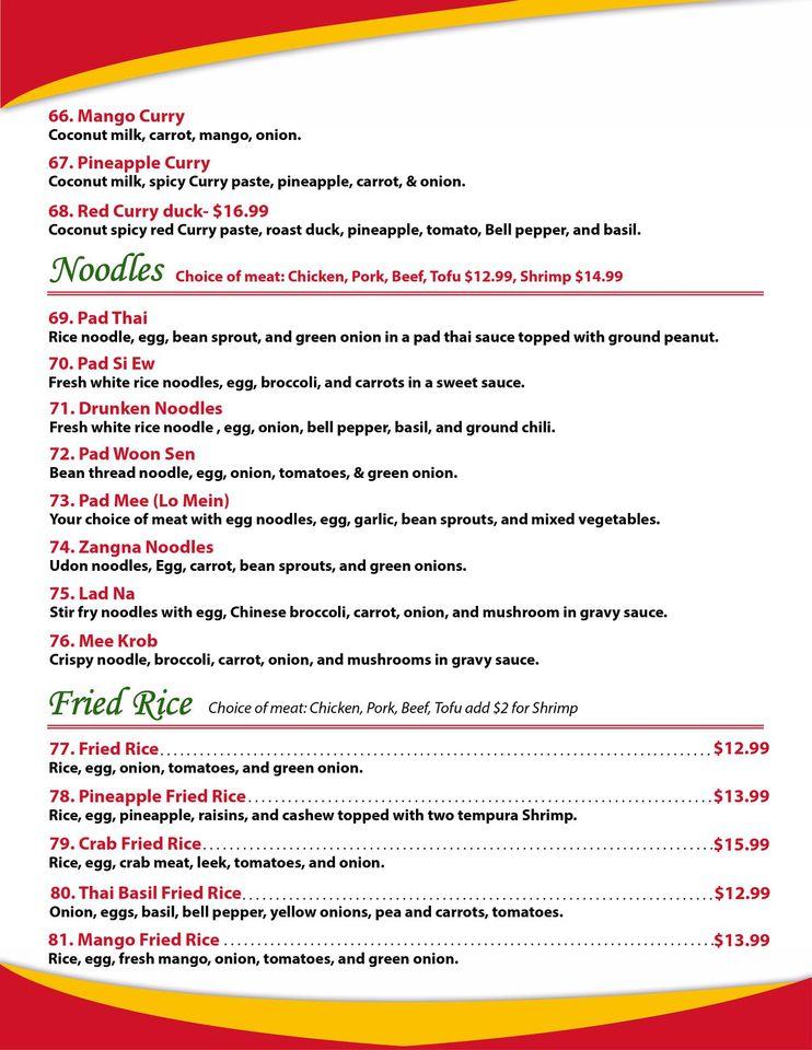 Menu at Zangna Thai Cuisine restaurant, Little Rock