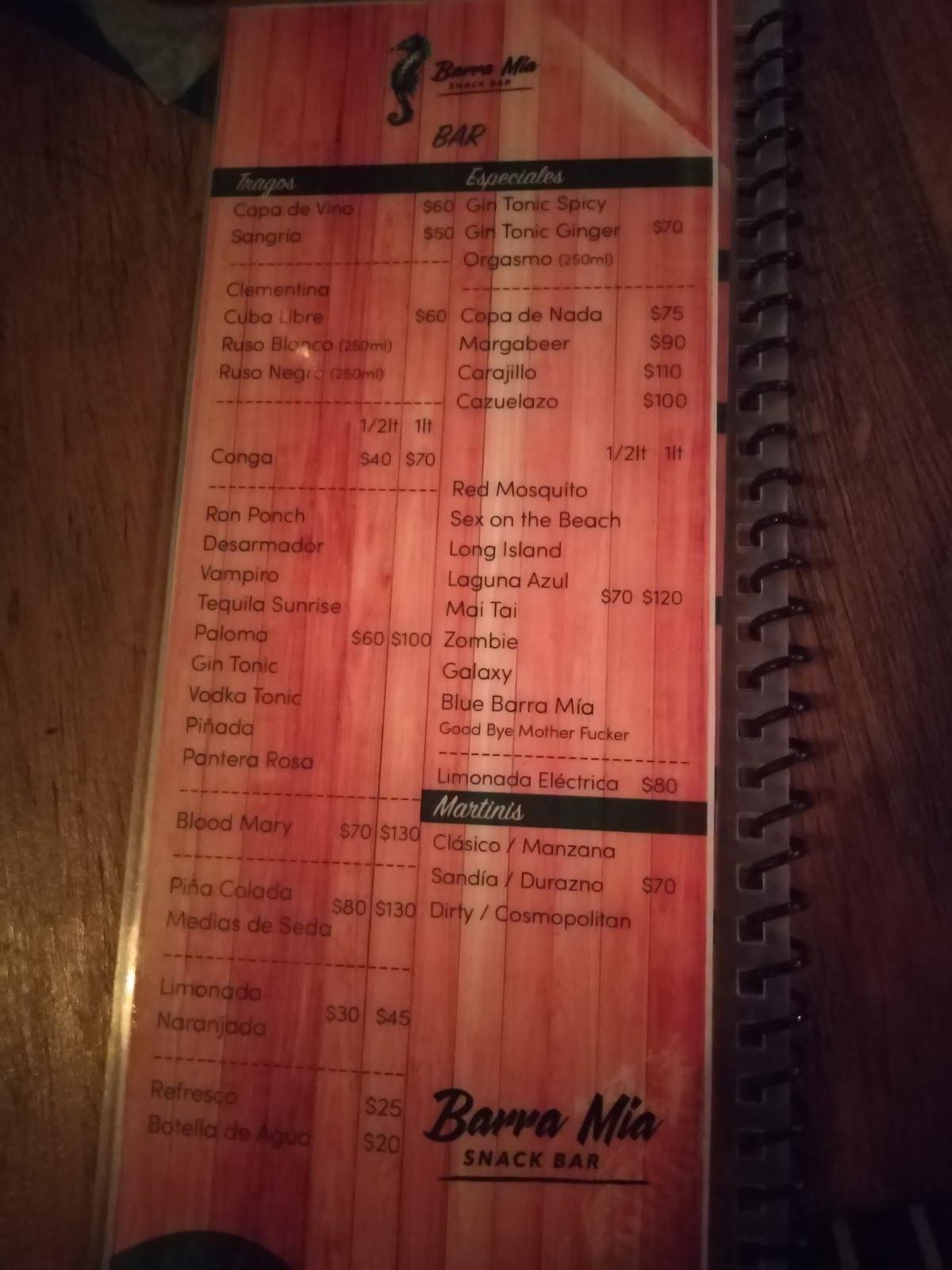 Menu at Barra MÍa Snack Bar, Barra de Navidad