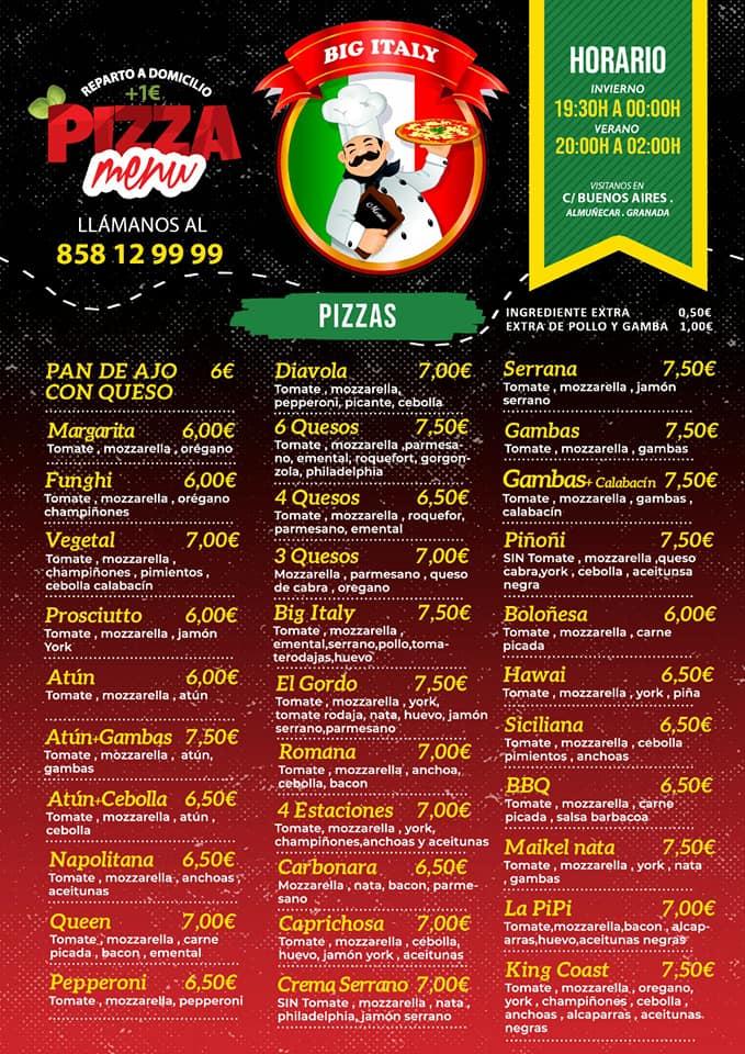 Menu at Big Italy Pizzería, Almuñécar