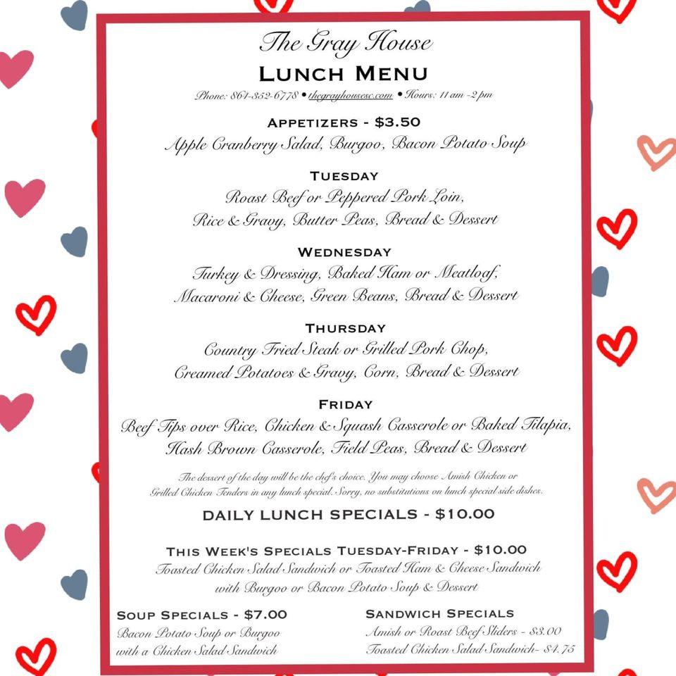 Menu at Gray House restaurant, Starr
