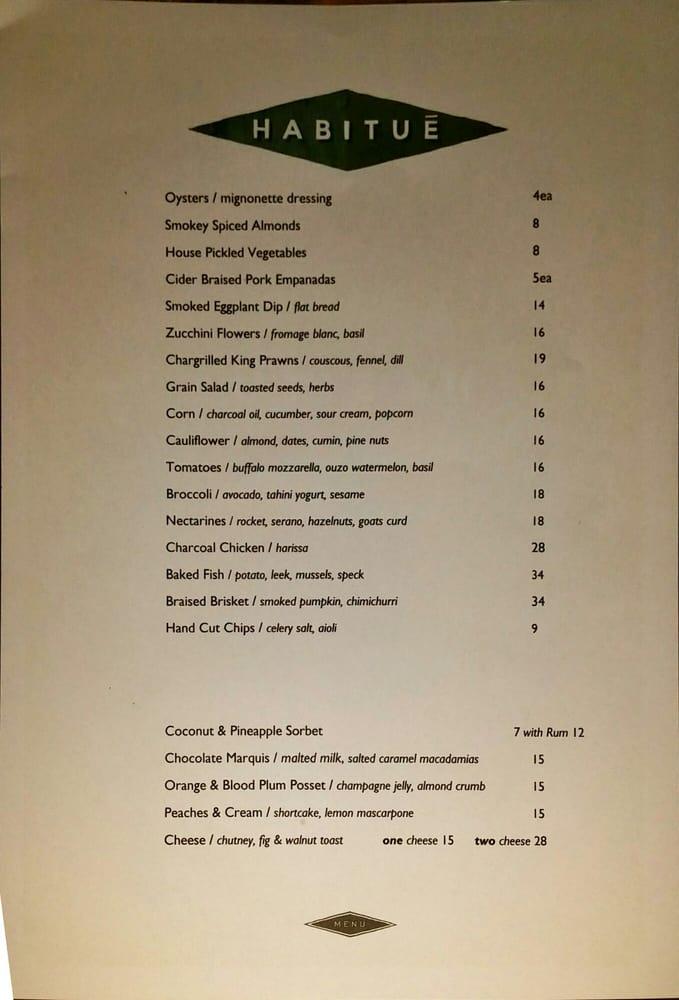 Menu at Habitue restaurant, North Fremantle