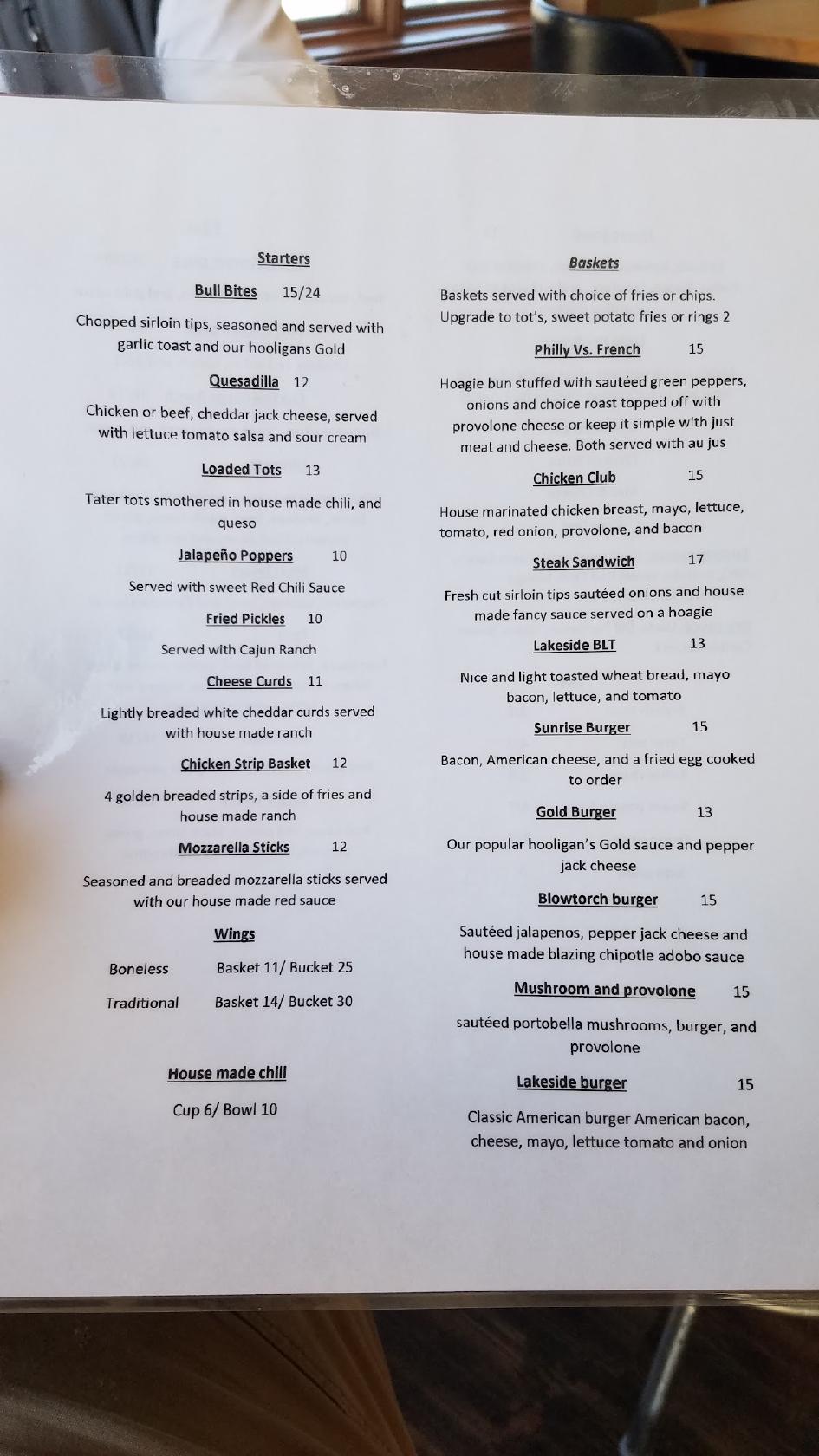 Menu at Hooligans Lakeside pub & bar, USA