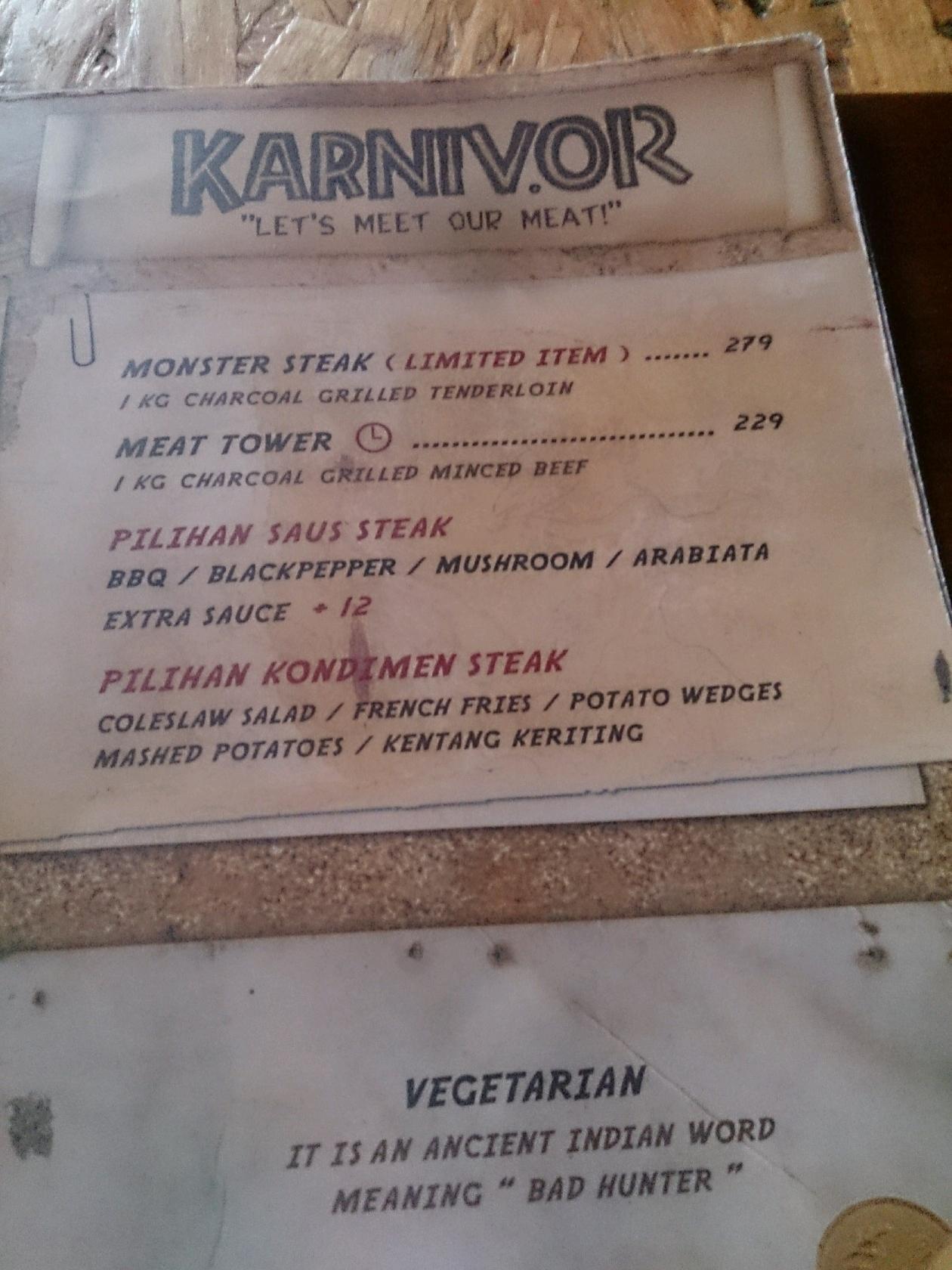 Menu at Karnivor Restaurant, Bandung