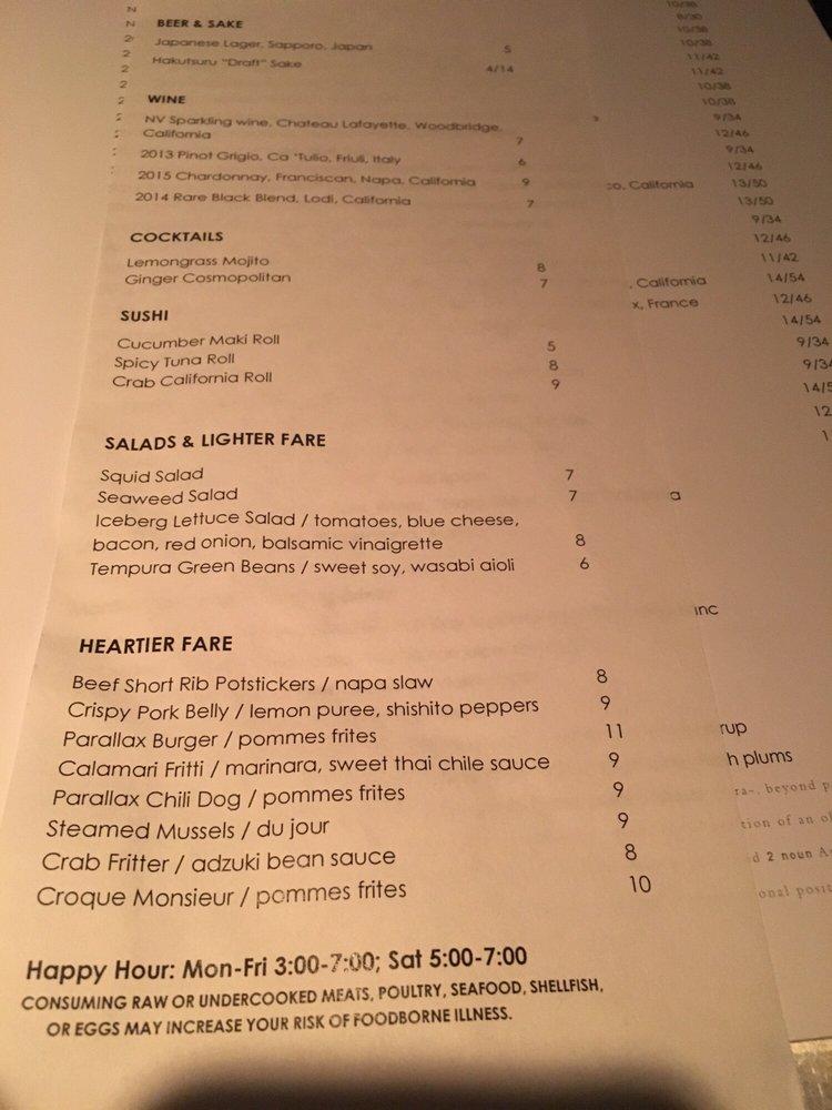 Menu at Parallax restaurant, Cleveland