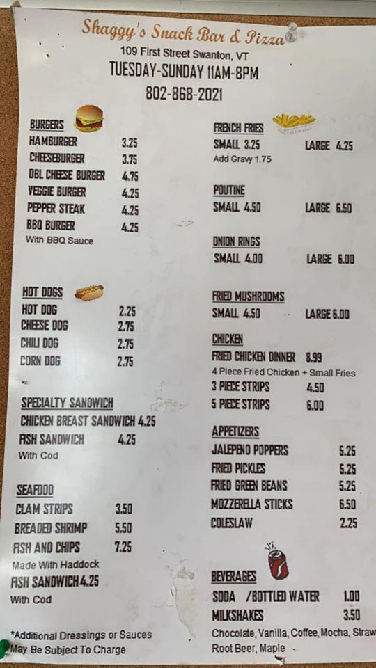 Menu at Shaggy's Snack Bar, Swanton