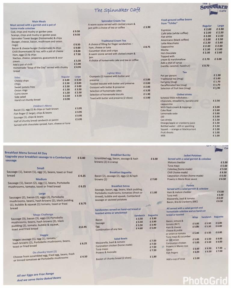 Menu at The Spinnaker Cafe, Portsmouth