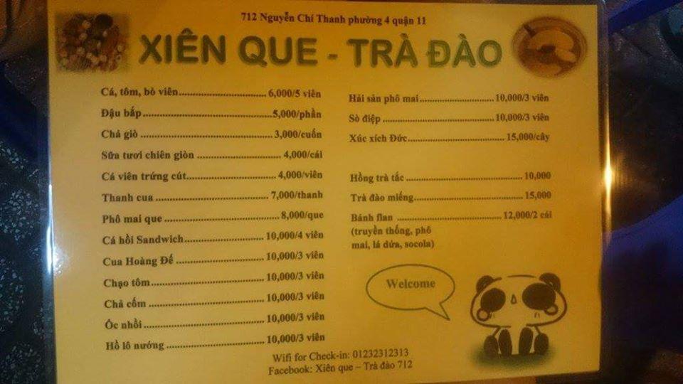 Menu at Xiên que - Trà Đào 712 restaurant, Ho Chi Minh City