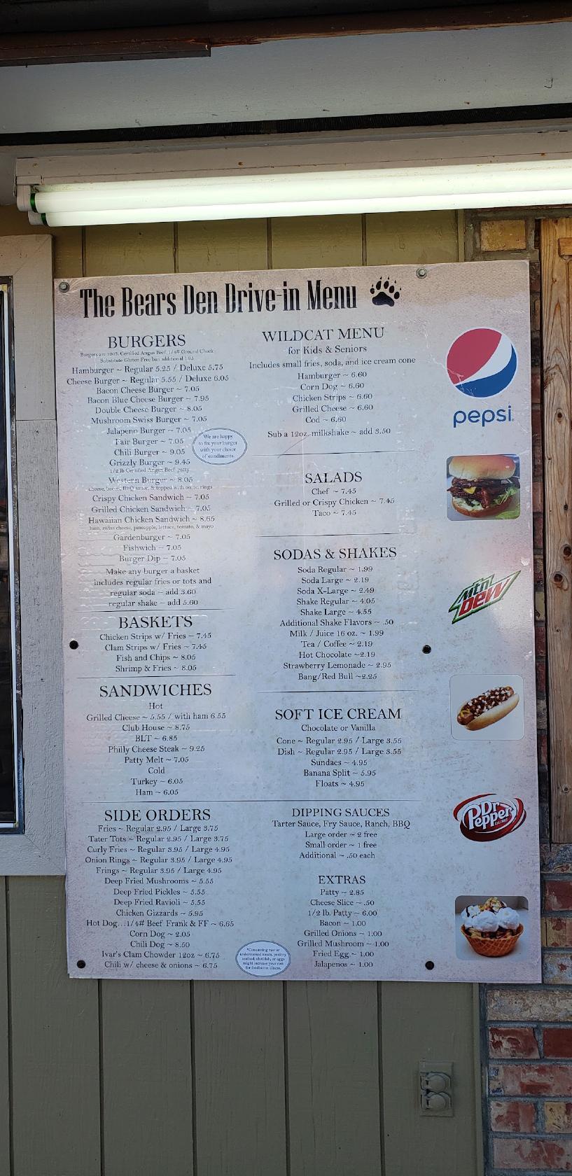Menu at Bears Den restaurant, McCleary