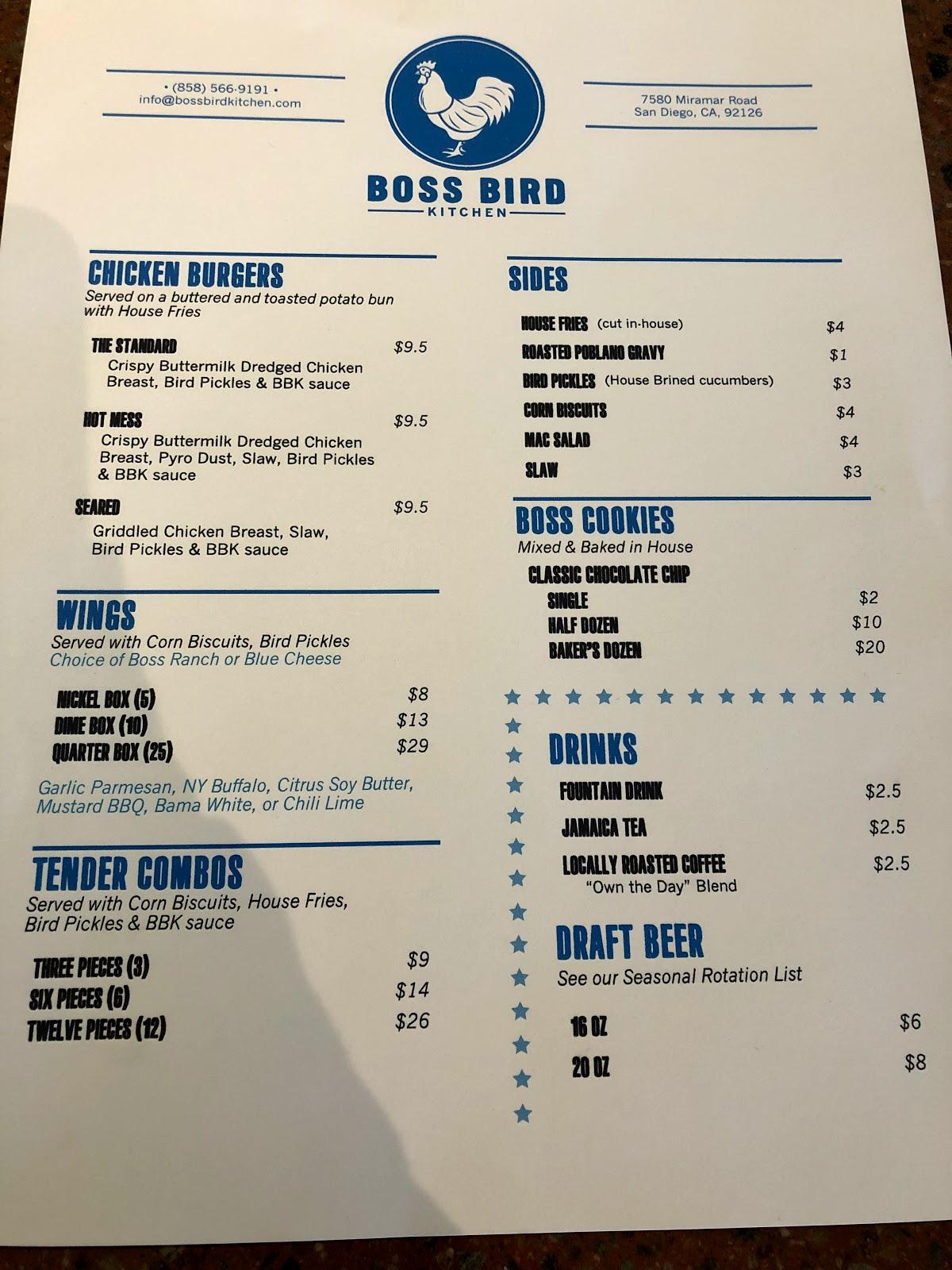 Menu at Boss Bird Kitchen pub & bar, La Mesa