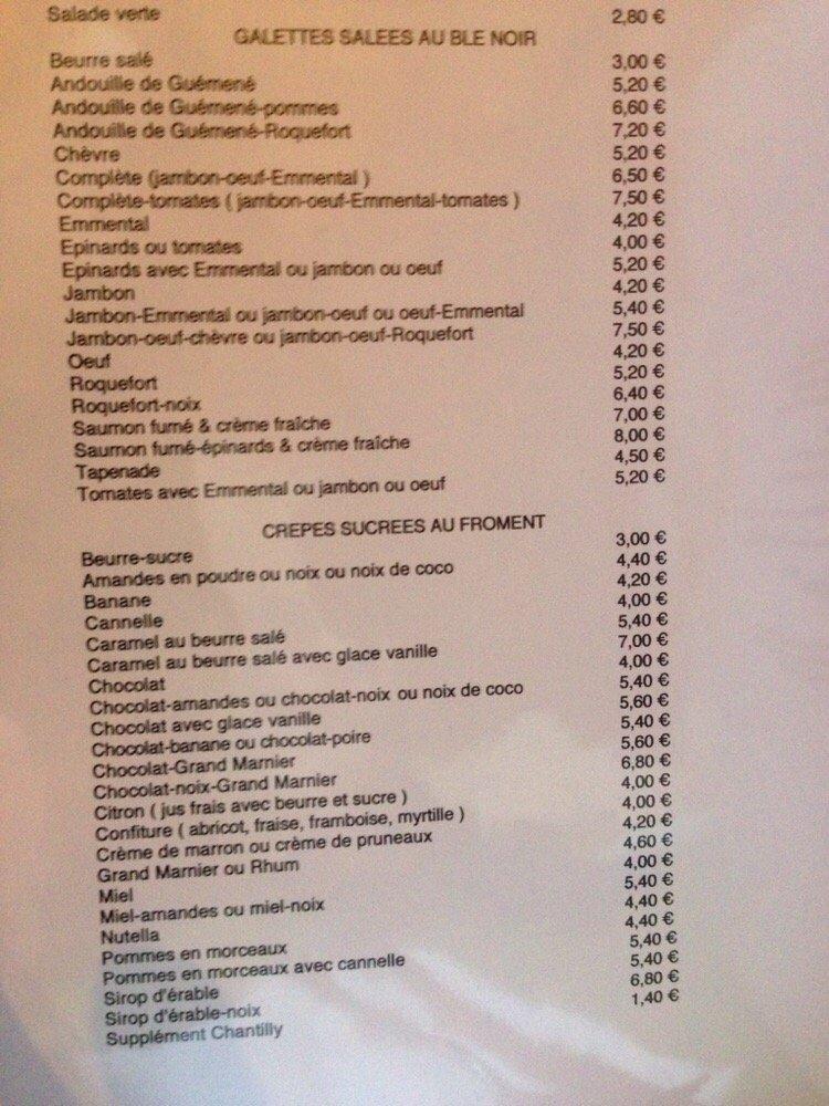 Menu at Crêperie Garnier restaurant, Sceaux