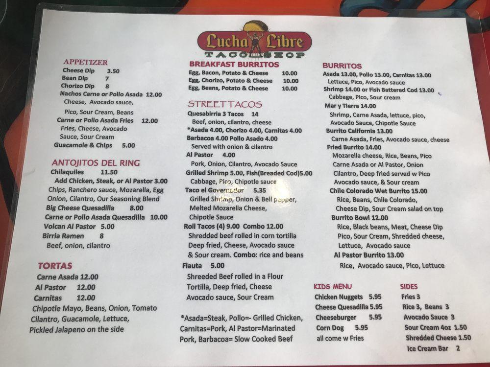 Menu at Lucha Libre restaurant, Toledo