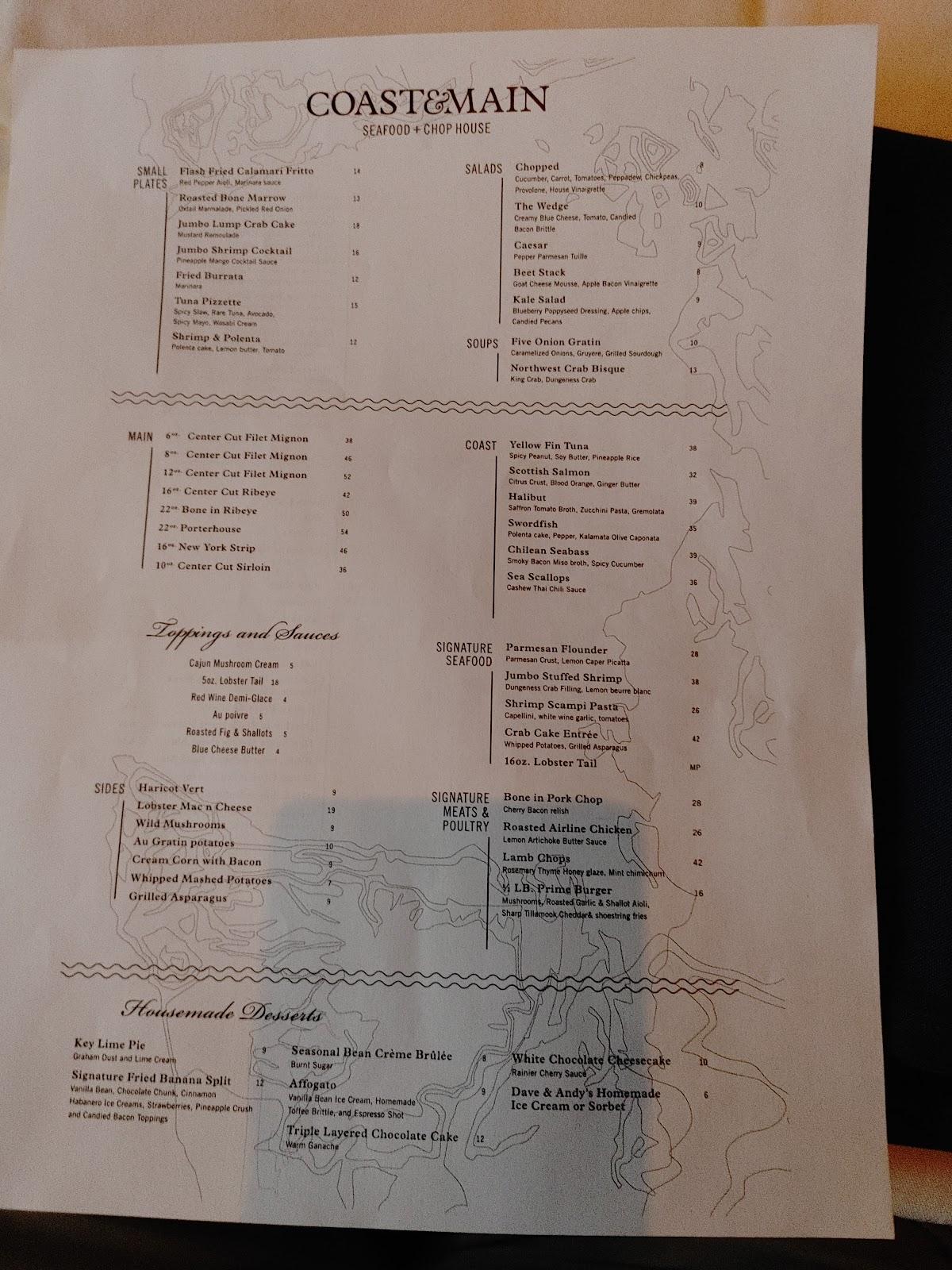 Menu at Coast and Main Seafood and Chophouse desserts, Monroeville