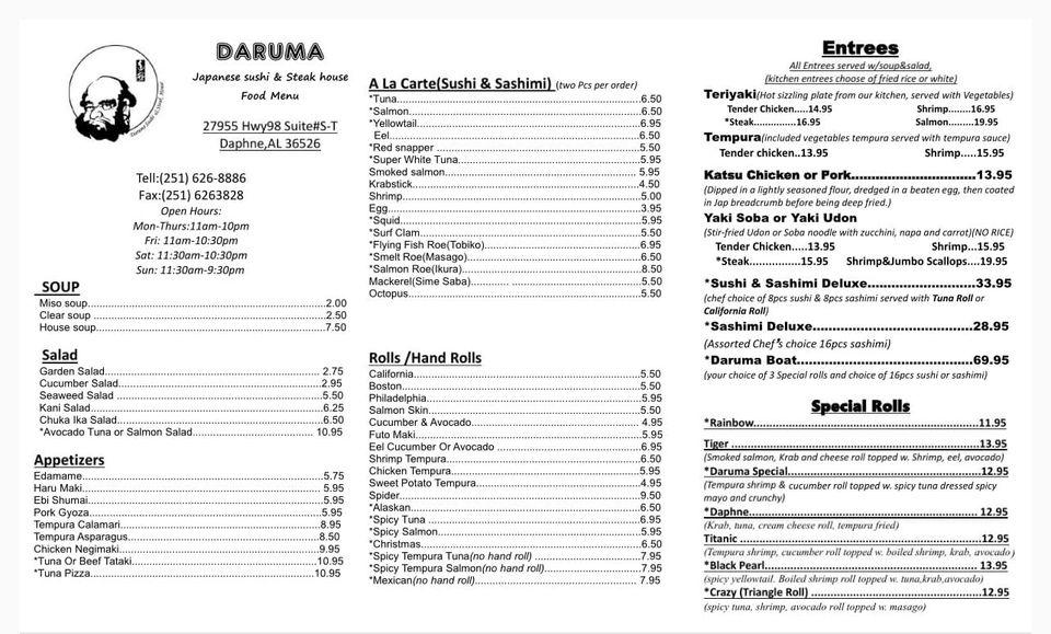 Menu at Daruma Japanese Sushi & Steak House restaurant, Daphne