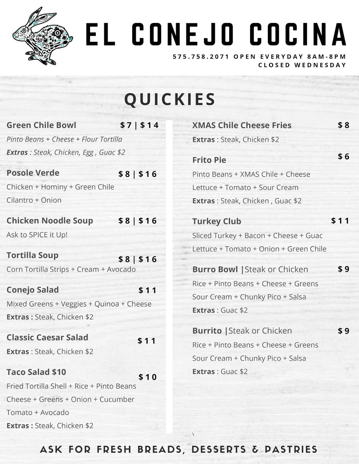 Carta del restaurante El Conejo Cocina, Taos