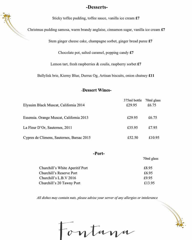 Menu at Fontana Restaurant, Holywood
