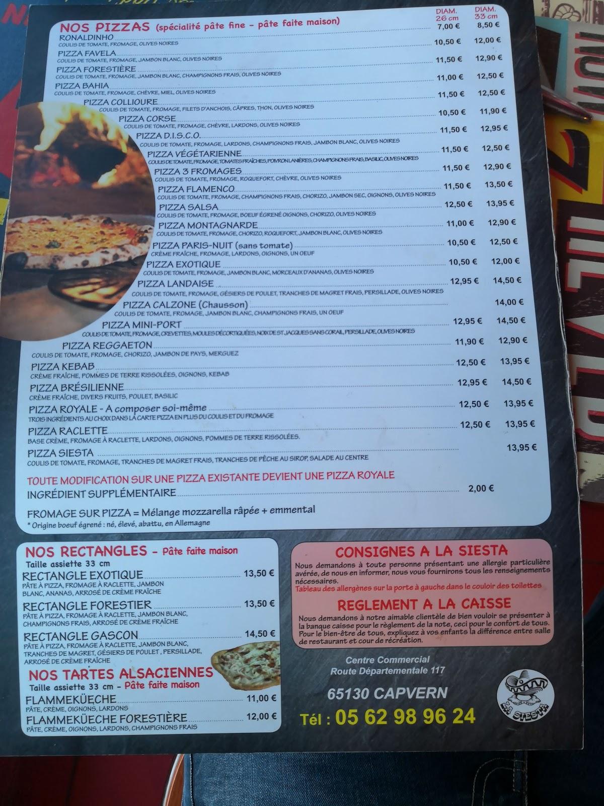 Menu au La Siesta restaurant, Capvern, D817