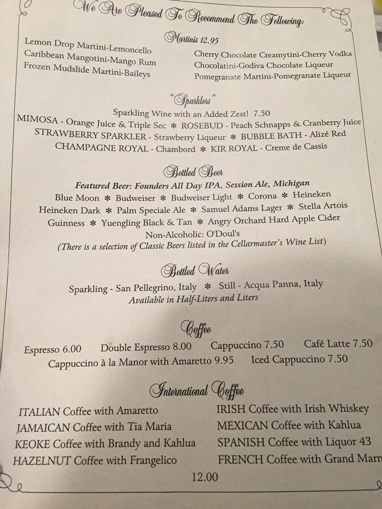 Menu at Manor restaurant, West Orange