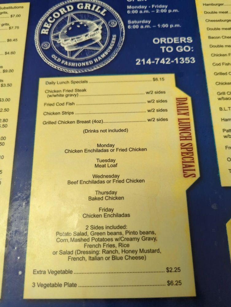 Menu at Record Grill restaurant, Dallas