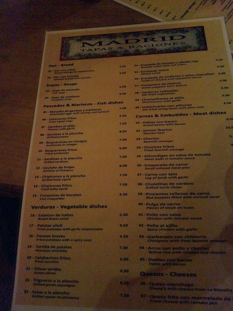 Menu at Restaurante Madrid, Amsterdam