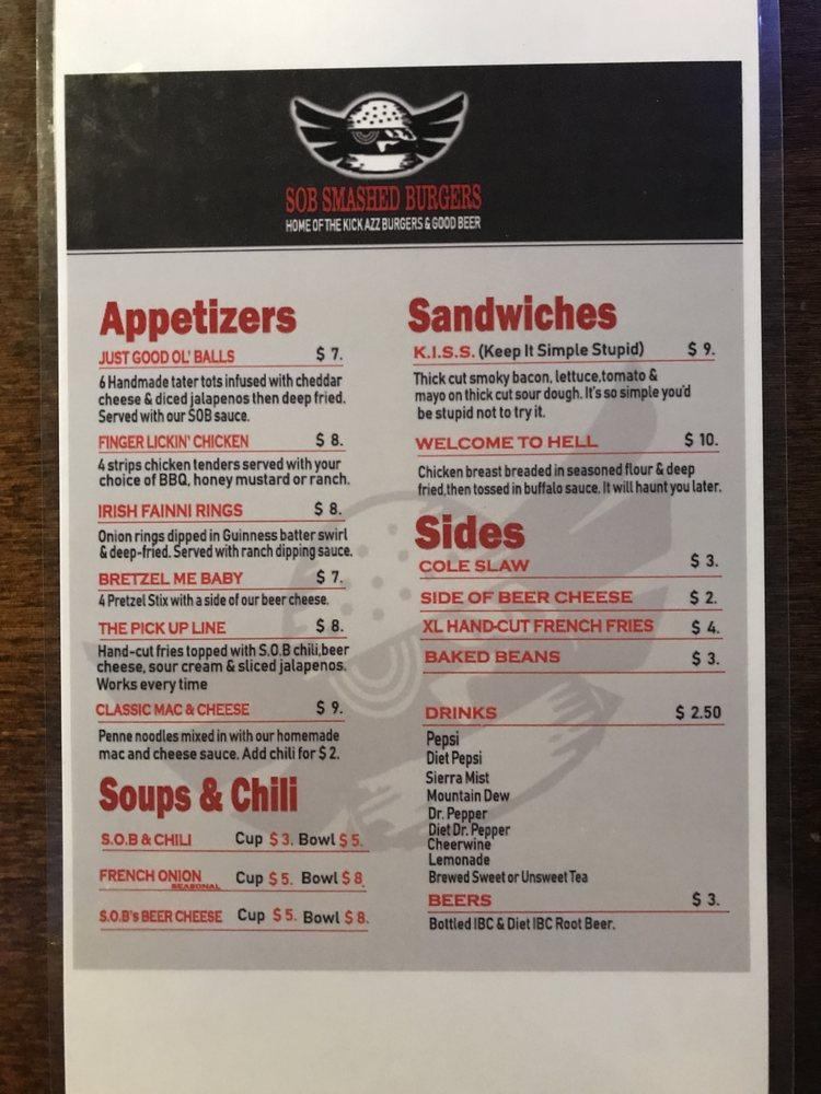 Menu at S.O.B. Burgers pub & bar, Bradenton