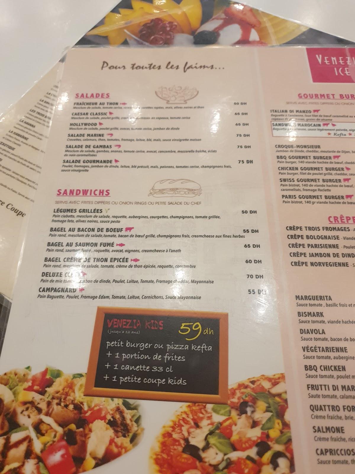 Menu au Venezia-Ice Tahiti Beach Club, Casablanca, H8WG+MG6