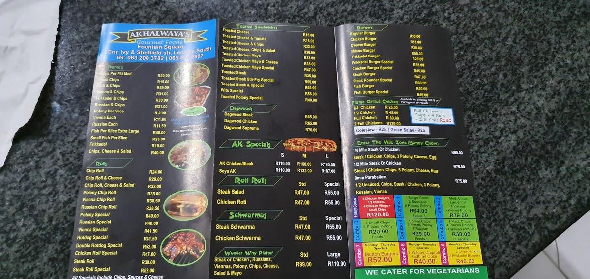 Menu at Akhalwayas Gourmet Foods restaurant, Lenasia
