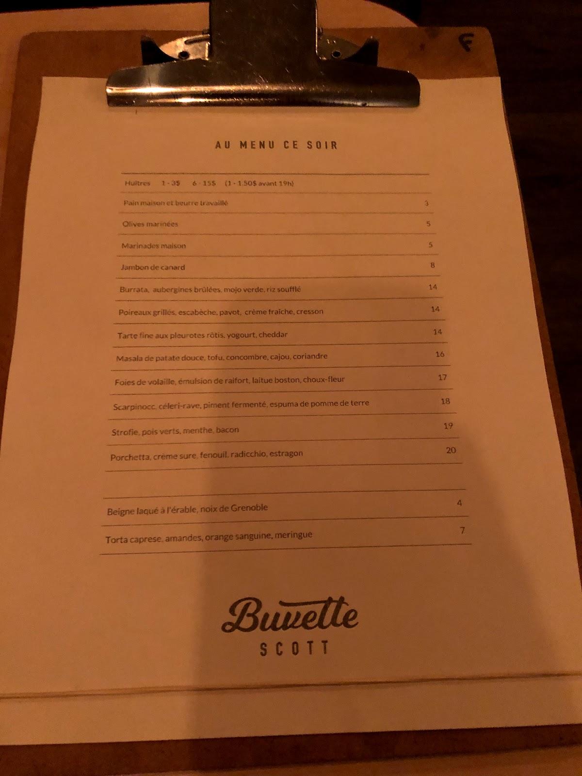 Menu at Buvette Scott pub & bar, Québec City