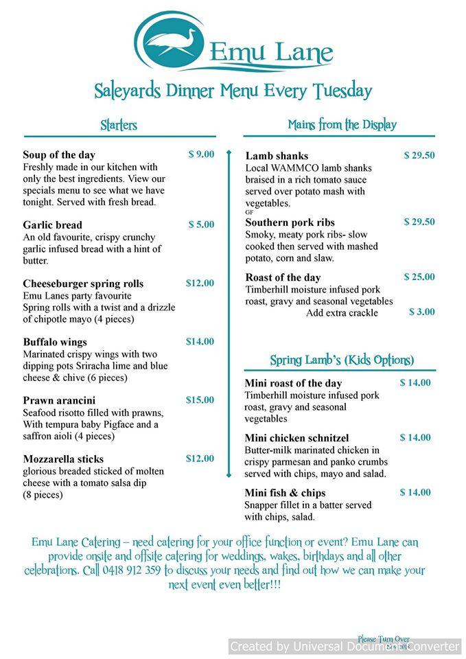 Menu at Emu Lane Coffee Cart cafe, Katanning