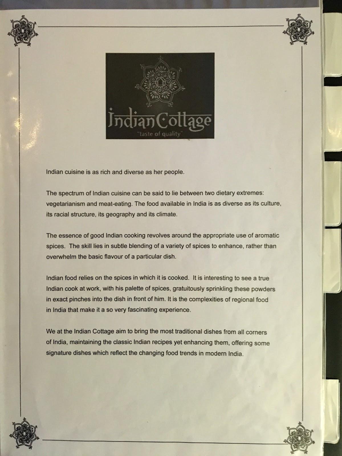 Menu at Indian cottage restaurant, Playa Flamenca, C. Parana