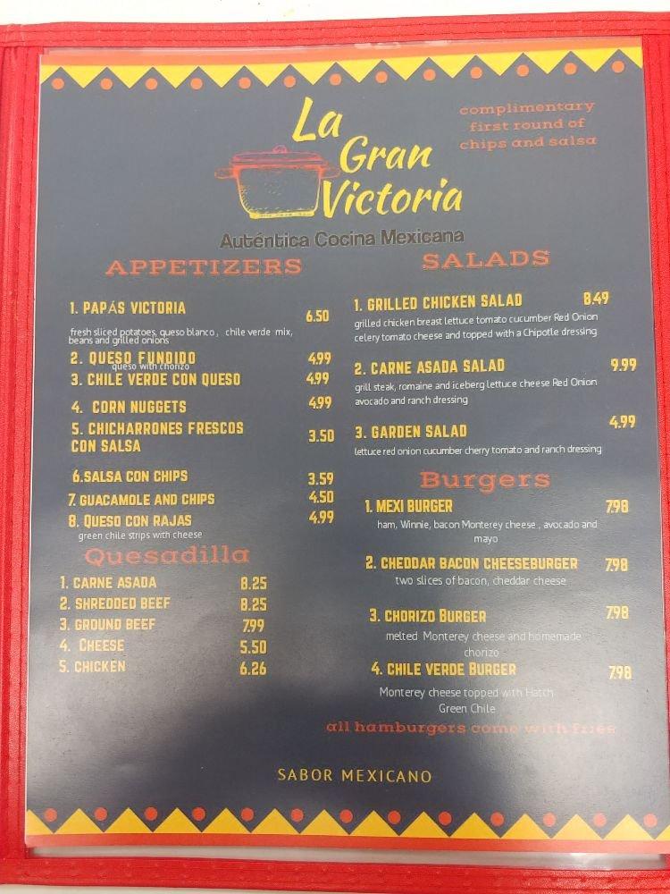 Menu at La Gran Victoria restaurant, Roswell