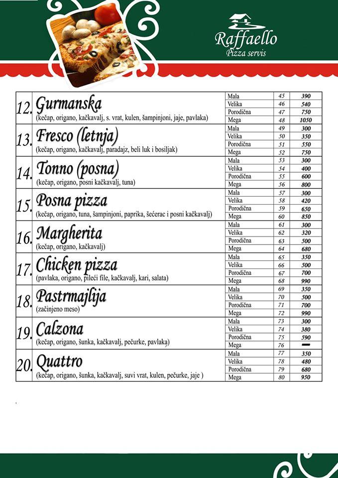 Menu at Pizza Servis Raffaello-N restaurant, Čačak
