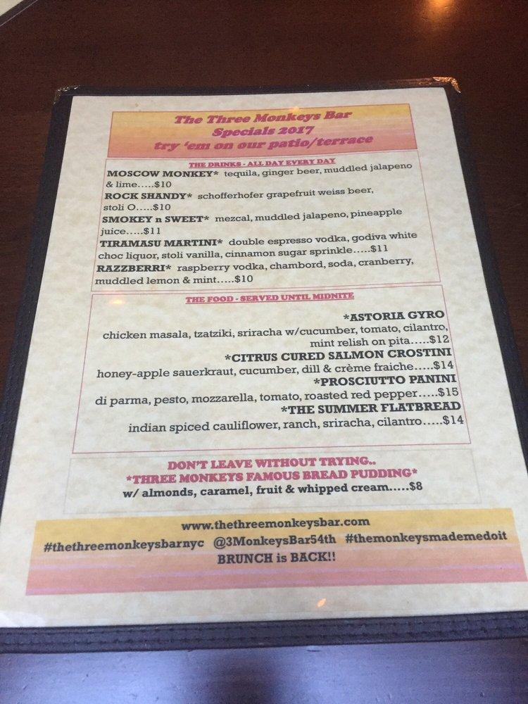 Menu at The Three Monkeys pub & bar, West New York