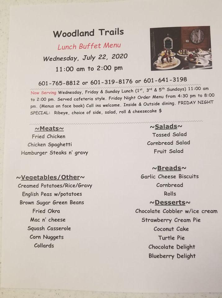 Menu at Woodland Trails restaurant, Collins
