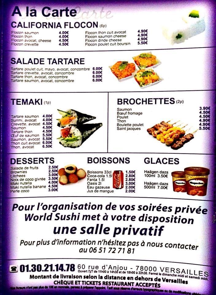 Menu au world sushi restaurant, Versailles, 60 rue d Anjou