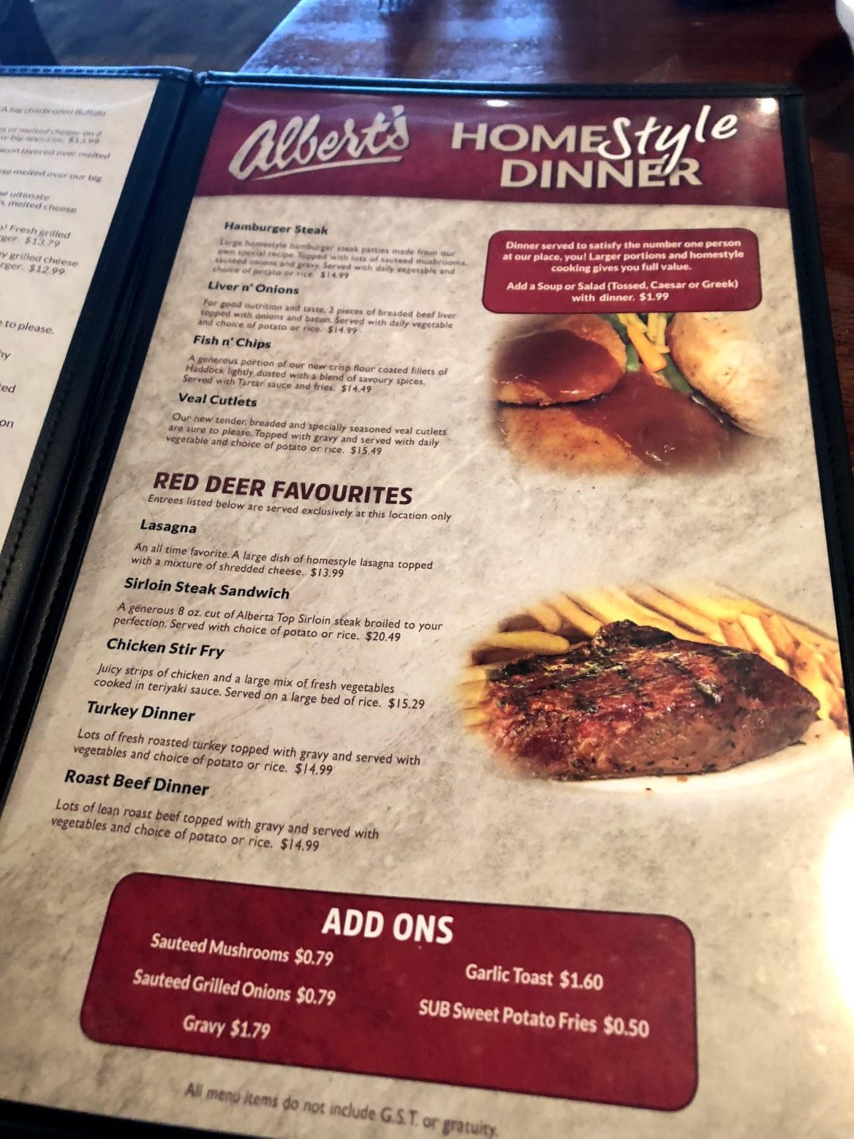 Menu at Albert's restaurant, Red Deer