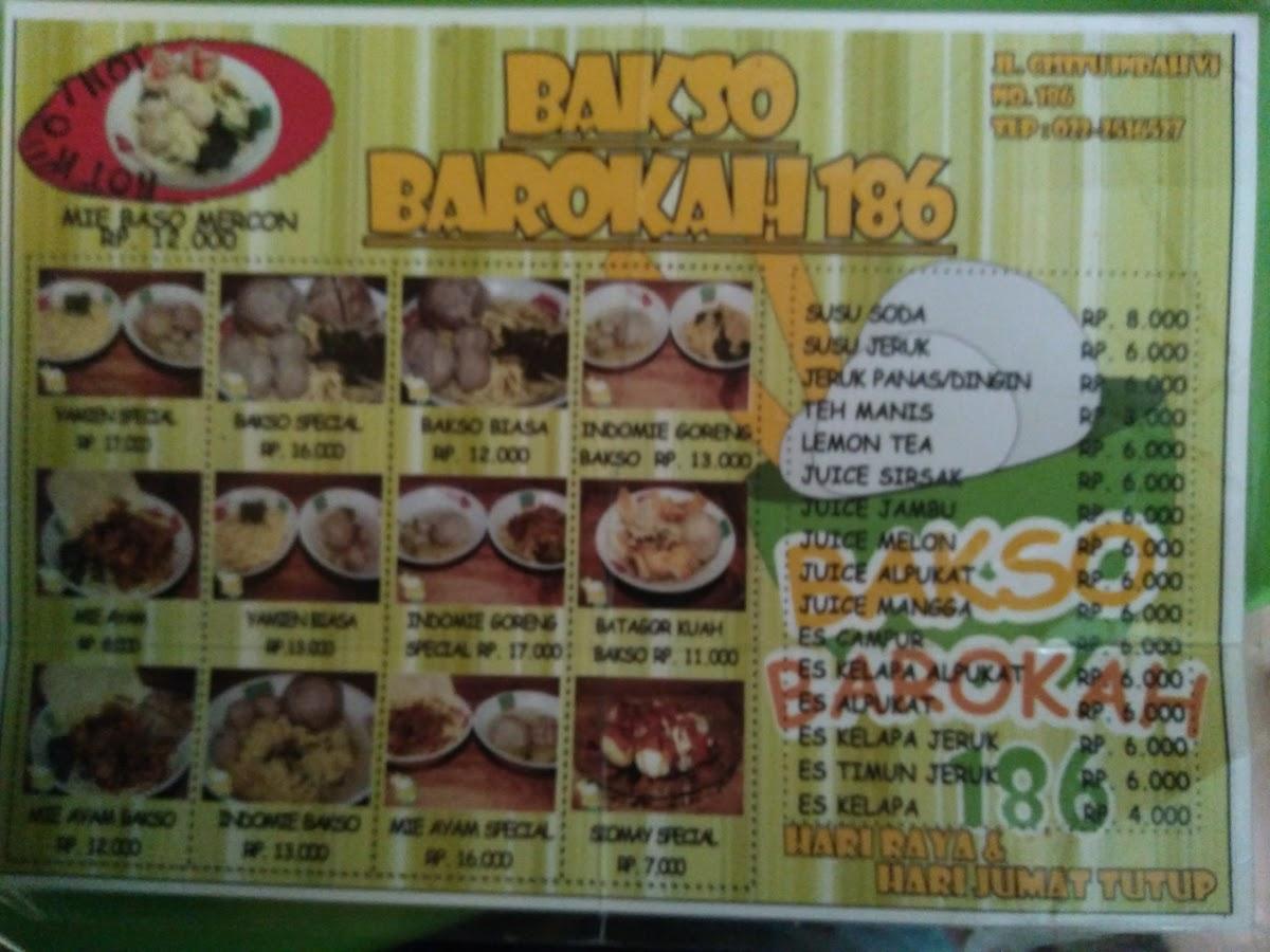 Menu at Baso Barokah, Bandung, Jl. Cisitu Indah VI No.186
