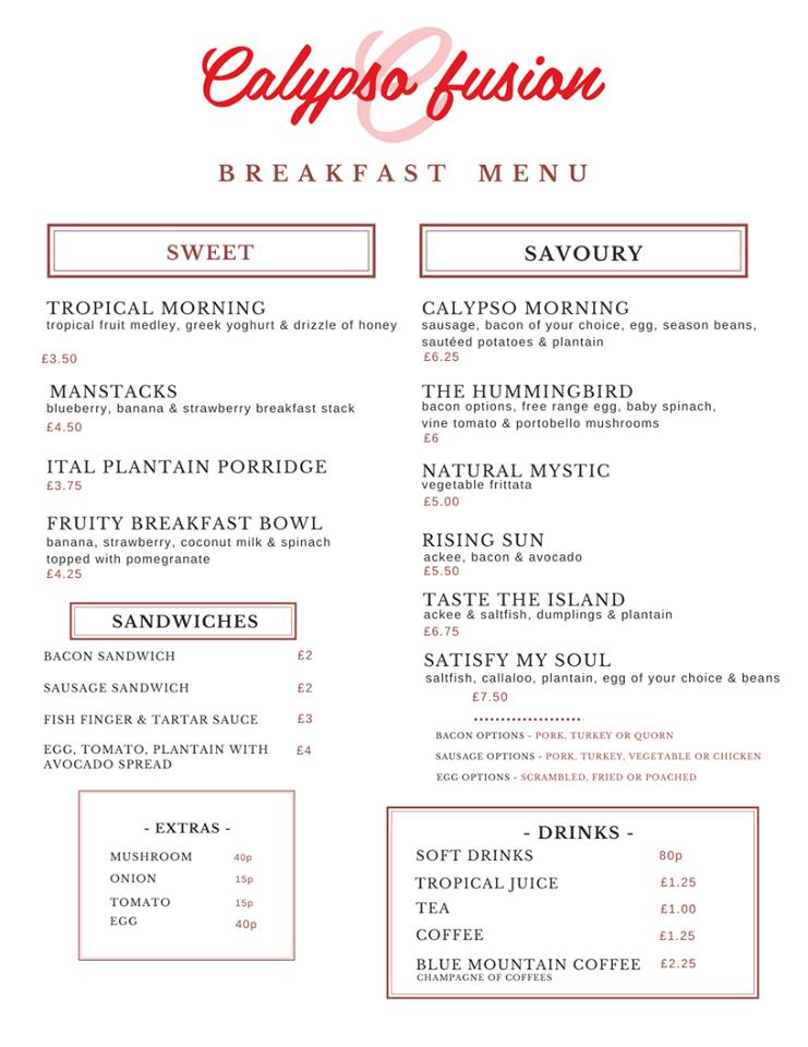 Menu at Calypso Fusion restaurant, Birmingham