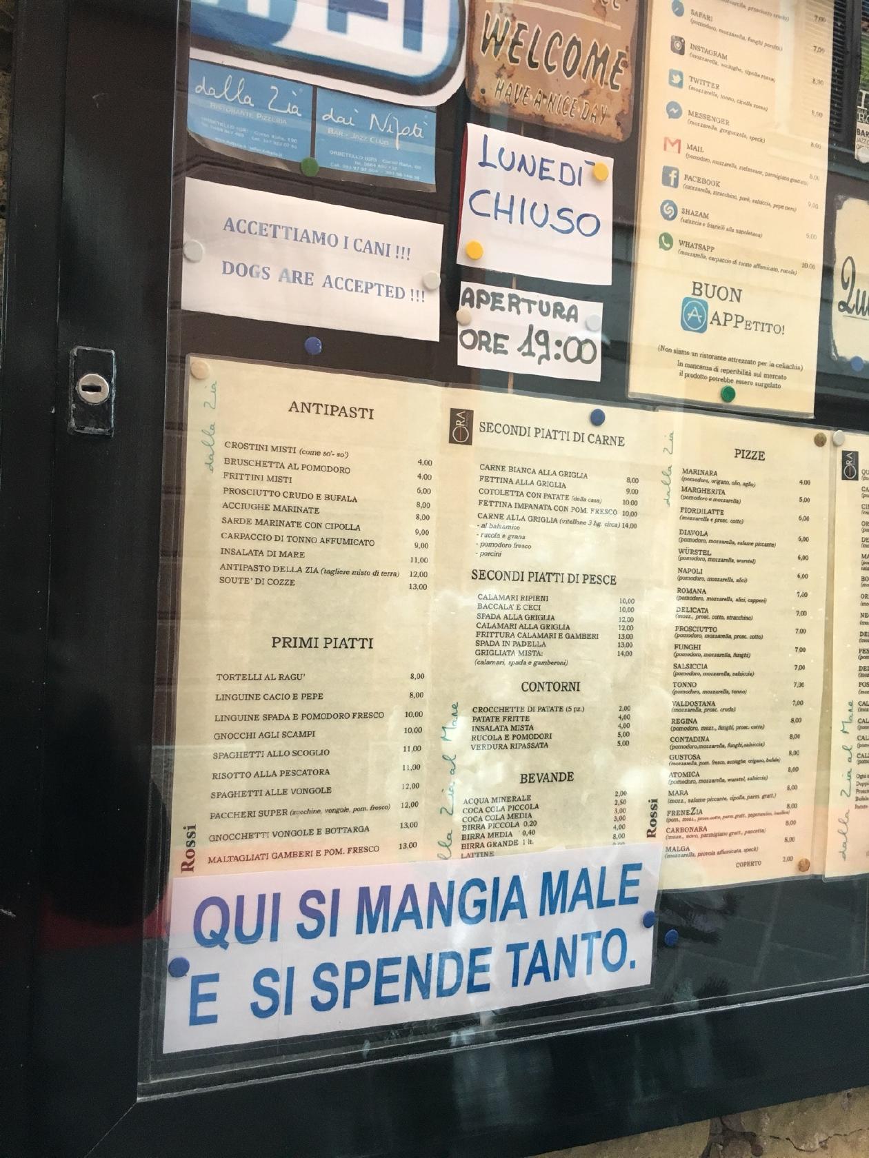Menu da Ristorante Pizzeria Dalla Zia, Orbetello