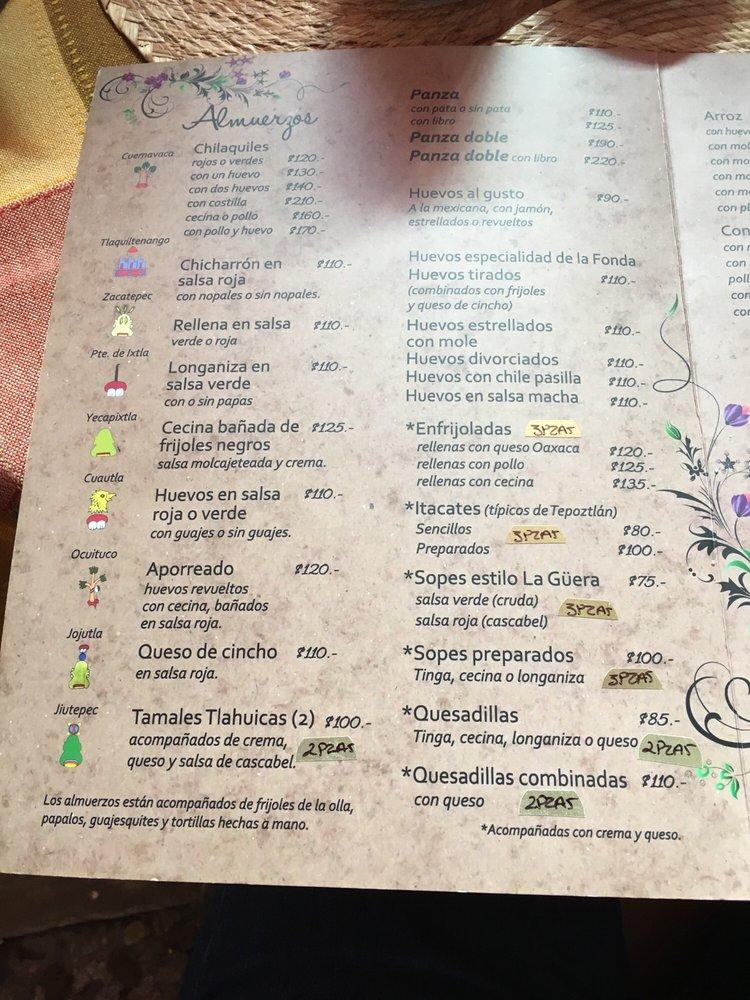 Carta del restaurante Fonda la Güera, Cuernavaca, C. Río Tepozteco 310