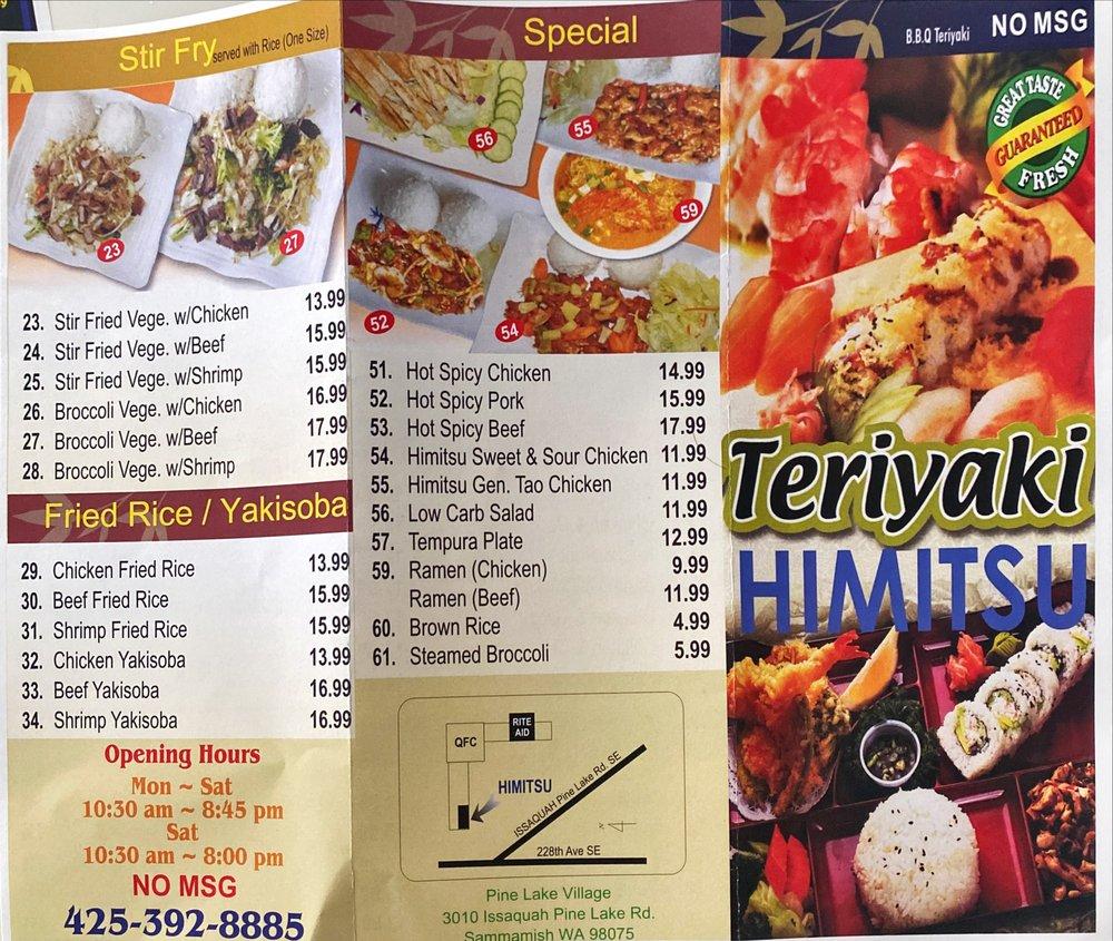 Menu at Himitsu Teriyaki restaurant, Sammamish