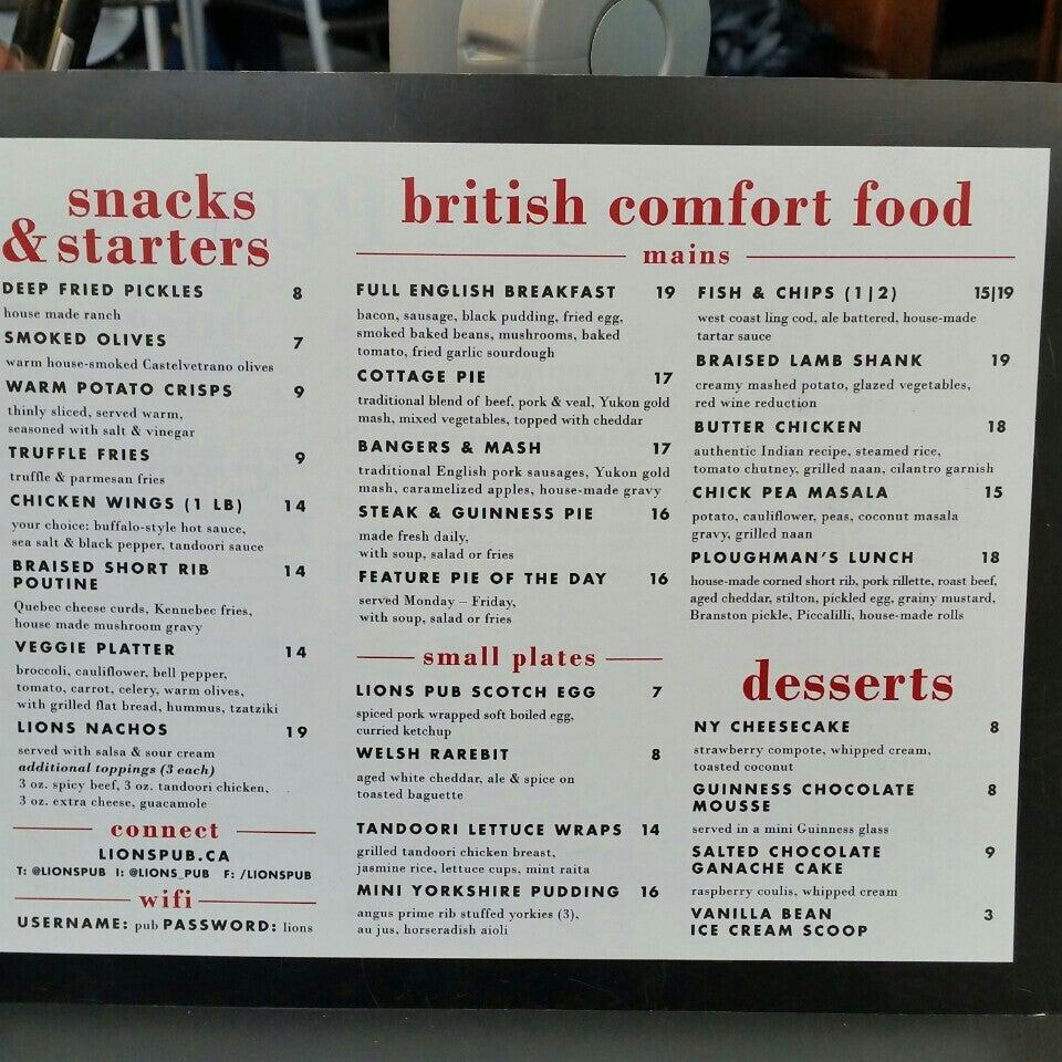 Menu at Lions Pub, Vancouver